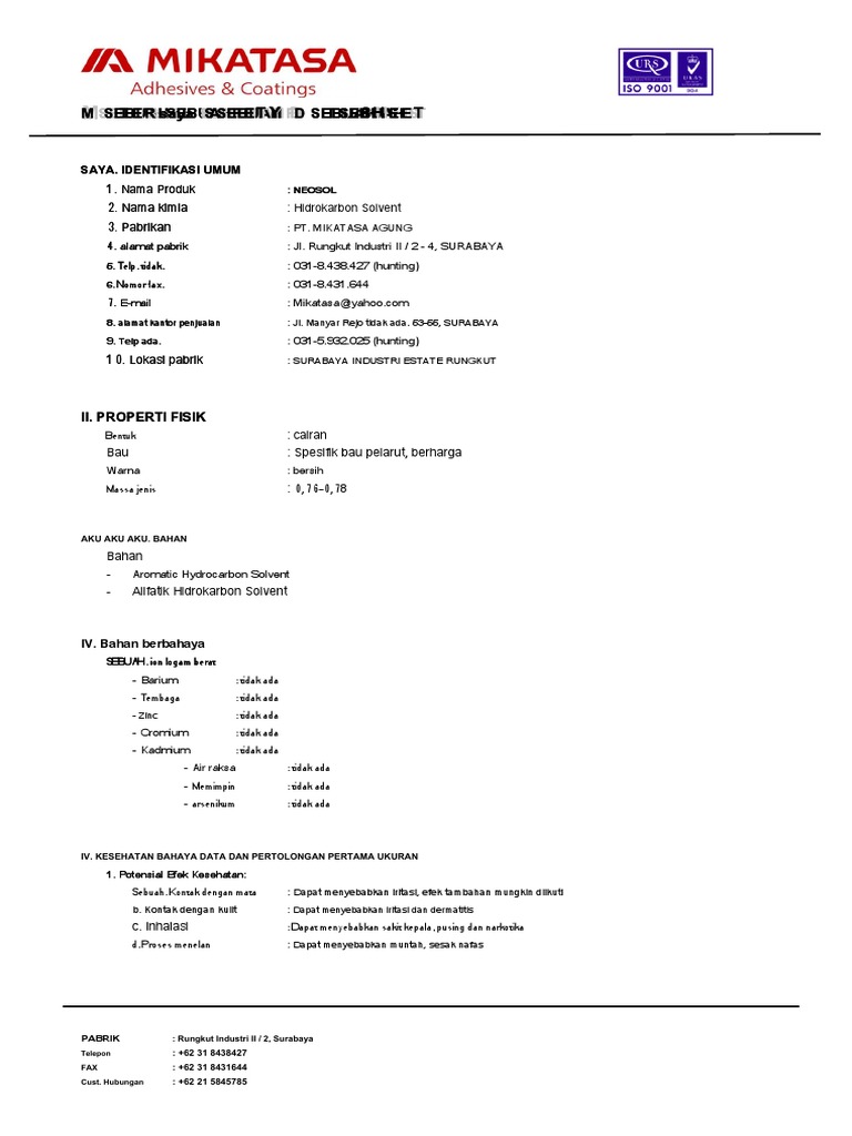 MSDS NEOSOL - En.id | PDF