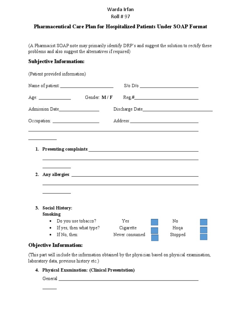 Pharmaceutical Care Plan For Hospitalized Patients Under SOAP Format ...