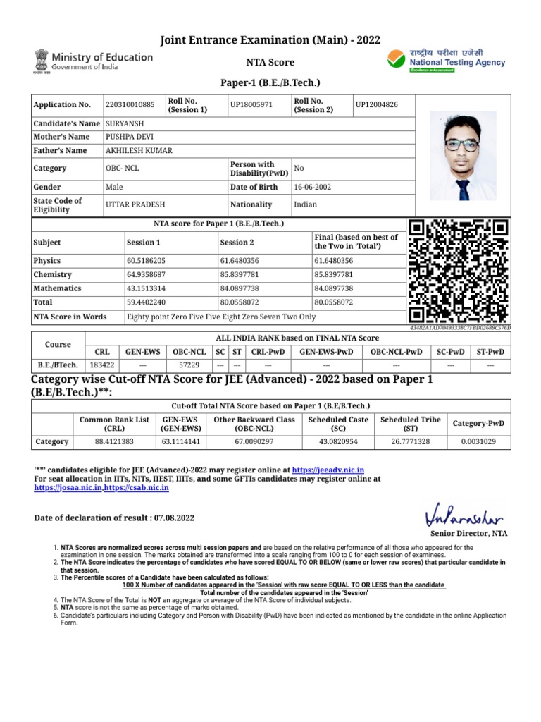JEE Mains 2022 NTA Score Report | PDF