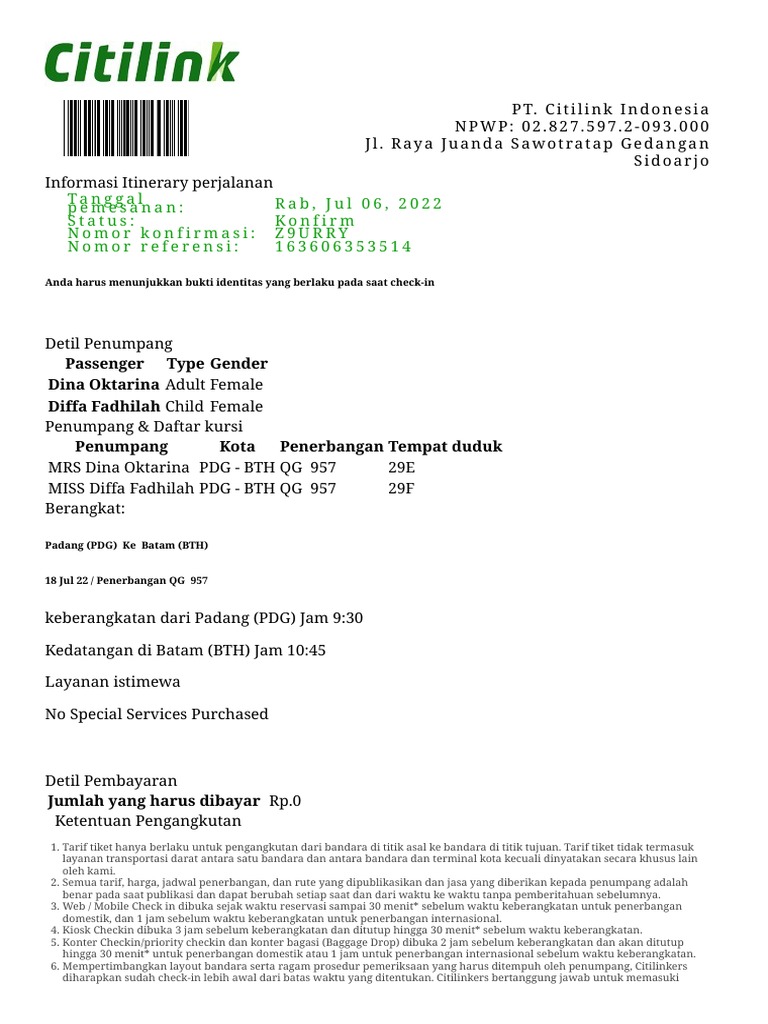 Itinerary Penerbangan PDG-BTH | PDF