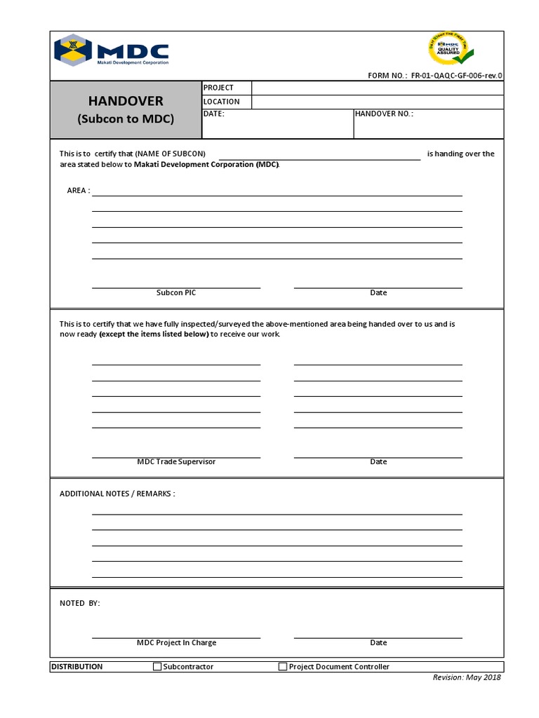 MDC - Handover (Subcon To MDC) FR-01-QAQC-GF-006-rev.0 | PDF