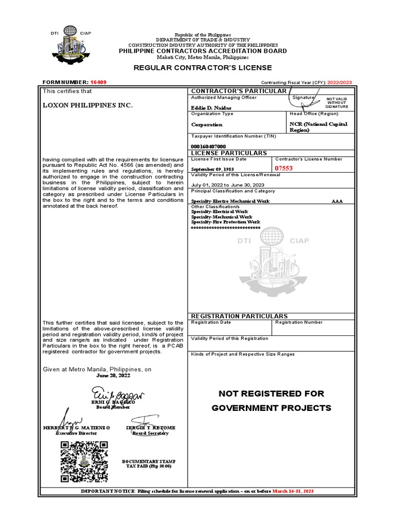 Regular Contractor'S License: Loxon Philippines Inc | PDF | License ...