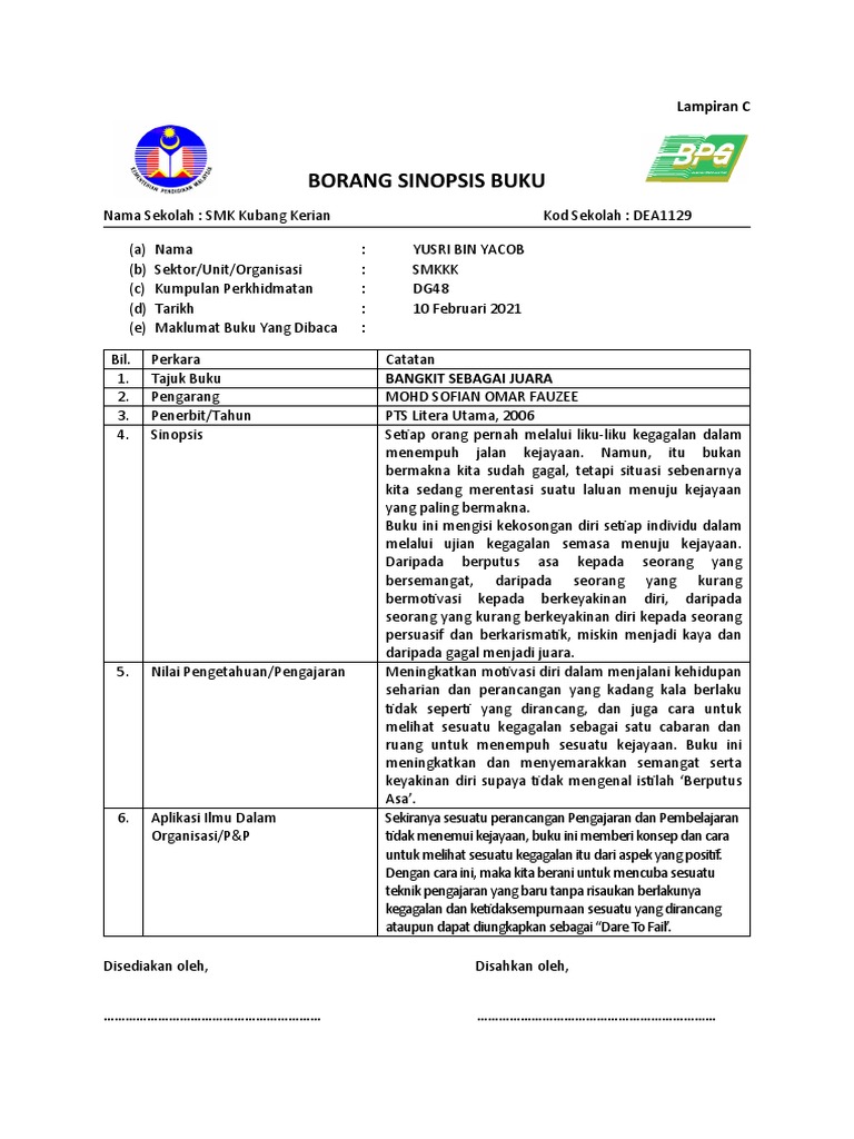 Borang Sinopsis Buku SPLKPM 2 | PDF