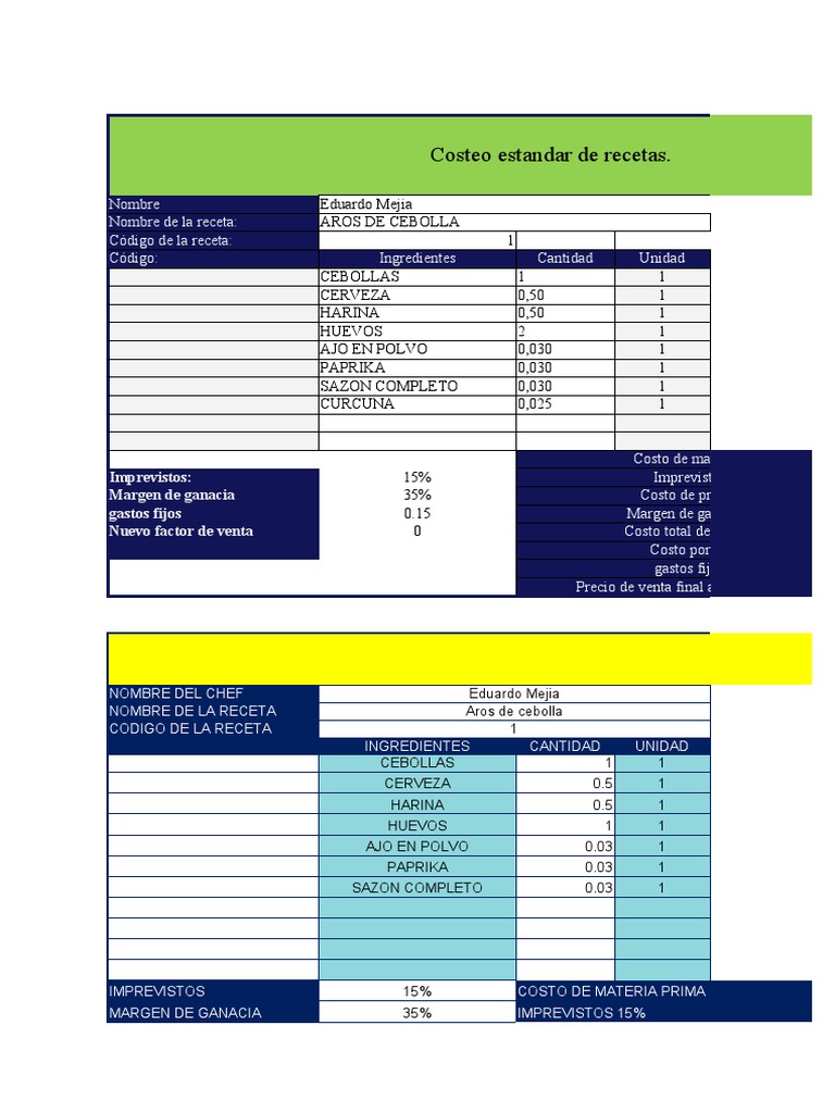 Formato de Costeo de Recetas | PDF | Estado de resultados | Precios