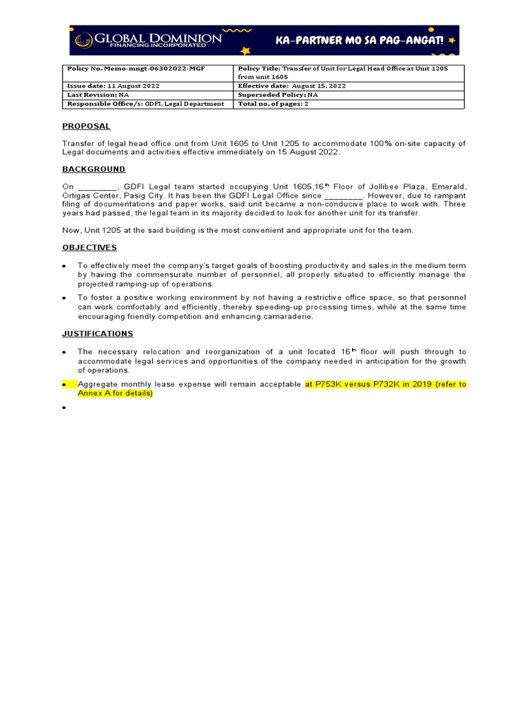 Memo For Transfer of Office Unit | PDF | Business | Economies