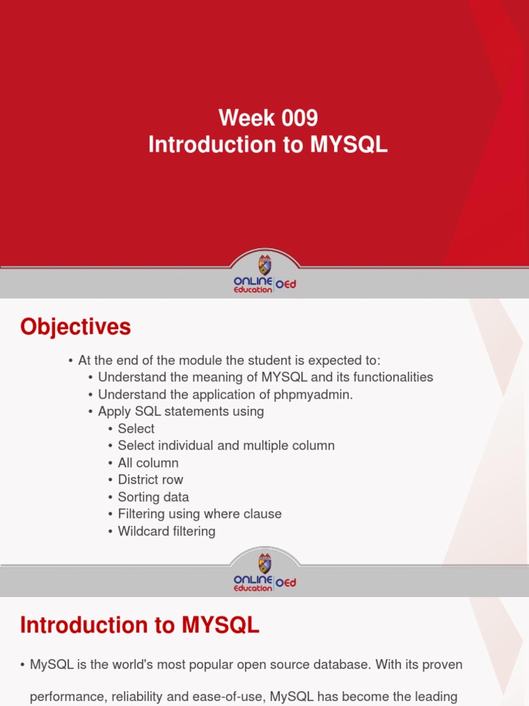 W9 Lesson 7 Introduction To MySQL - Presentation | PDF | My Sql | Software