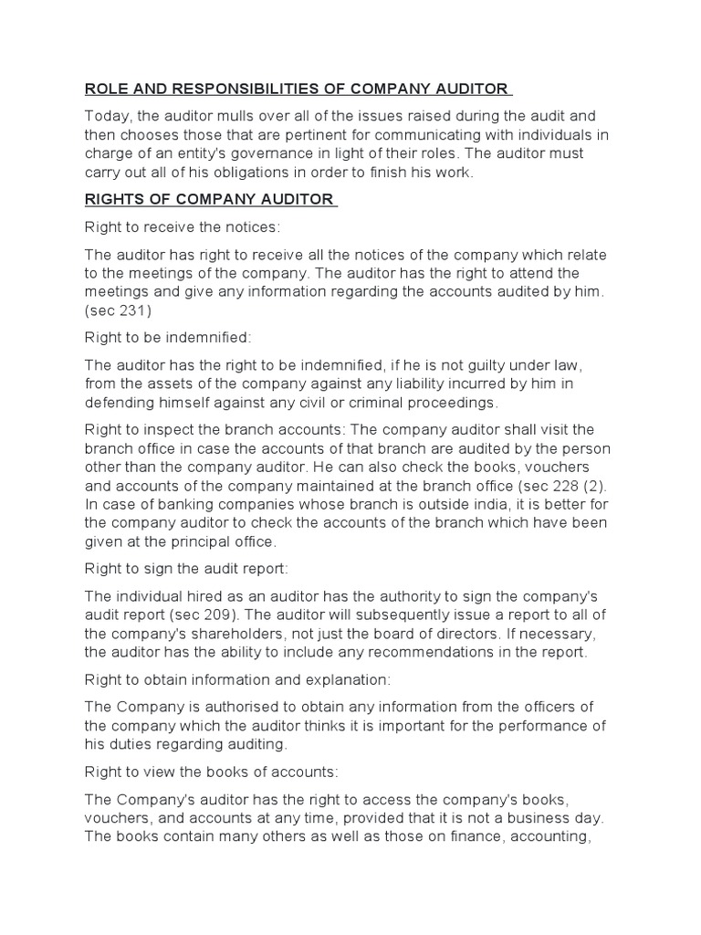 Role and Responsibilities of Company Auditor | PDF | Auditor's Report ...