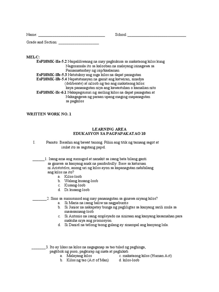 EsP 10 Q2 Written Work 1 and 2 Final 1 | PDF