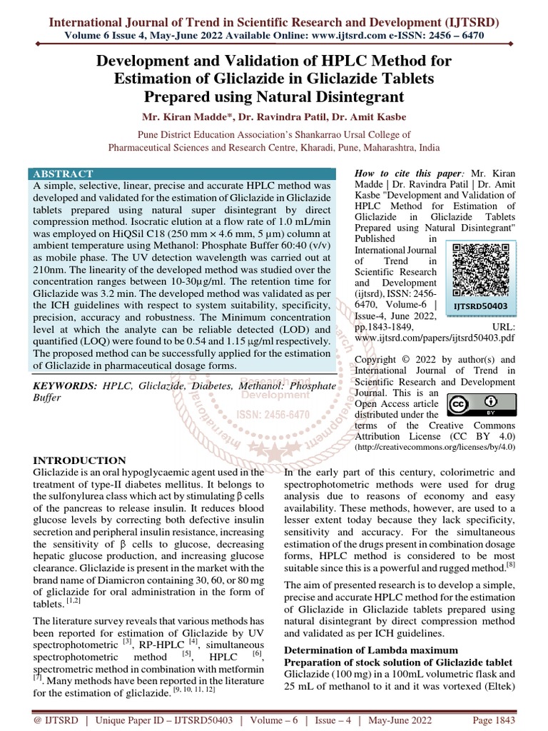 Development and Validation of HPLC Method For Estimation of Gliclazide in Gliclazide Tablets ...