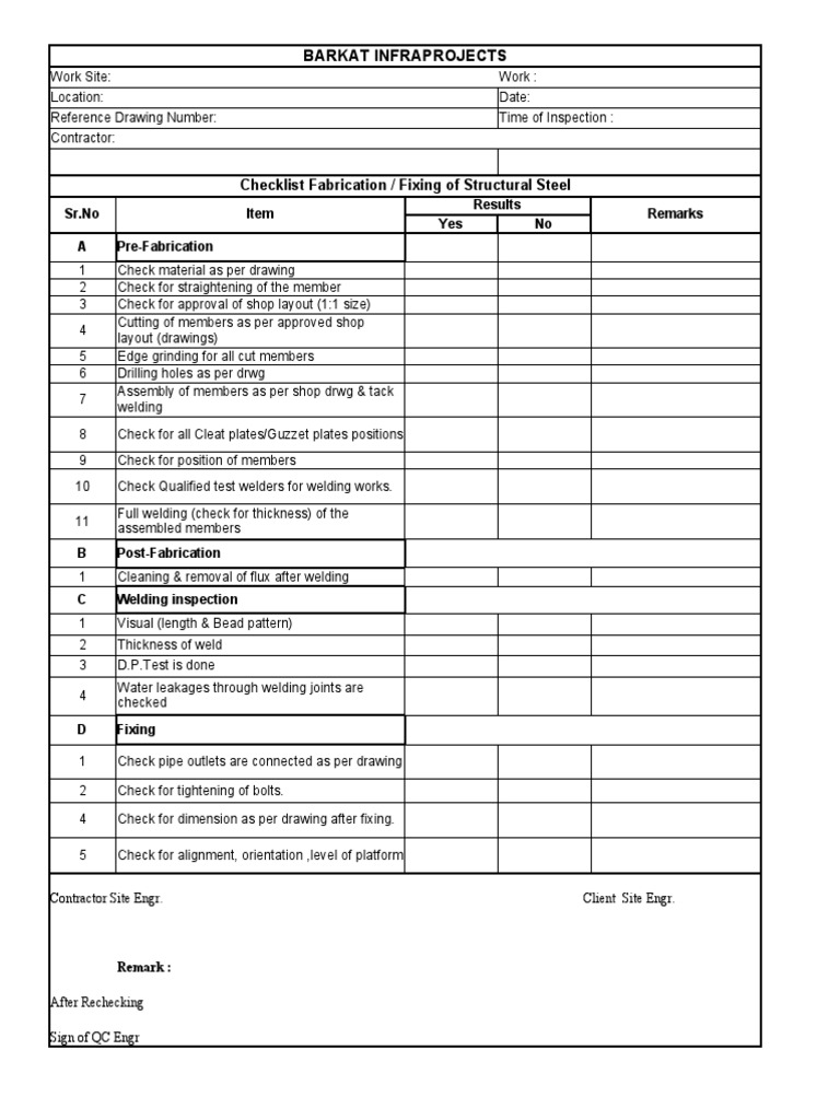 Barkat Infraprojects: Checklist Fabrication / Fixing of Structural ...