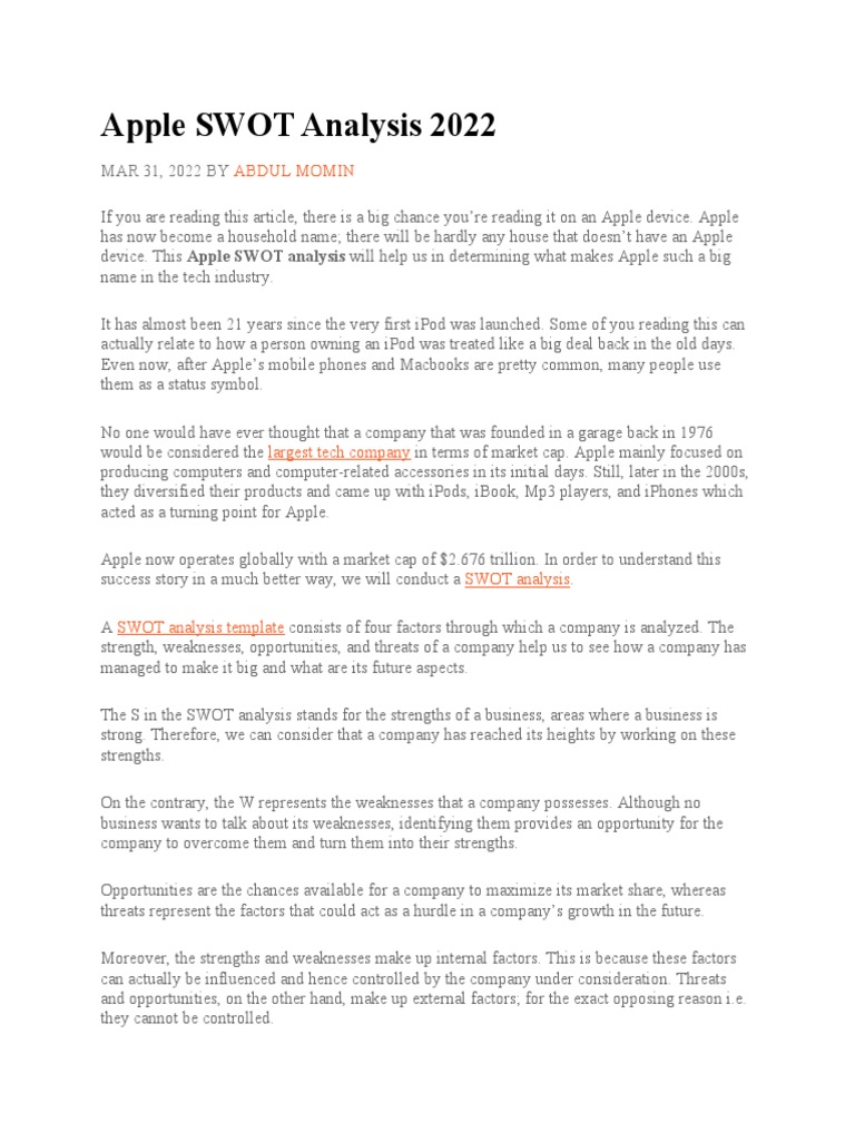 Apple SWOT Analysis 2022 | PDF | Apple Inc. | I Phone