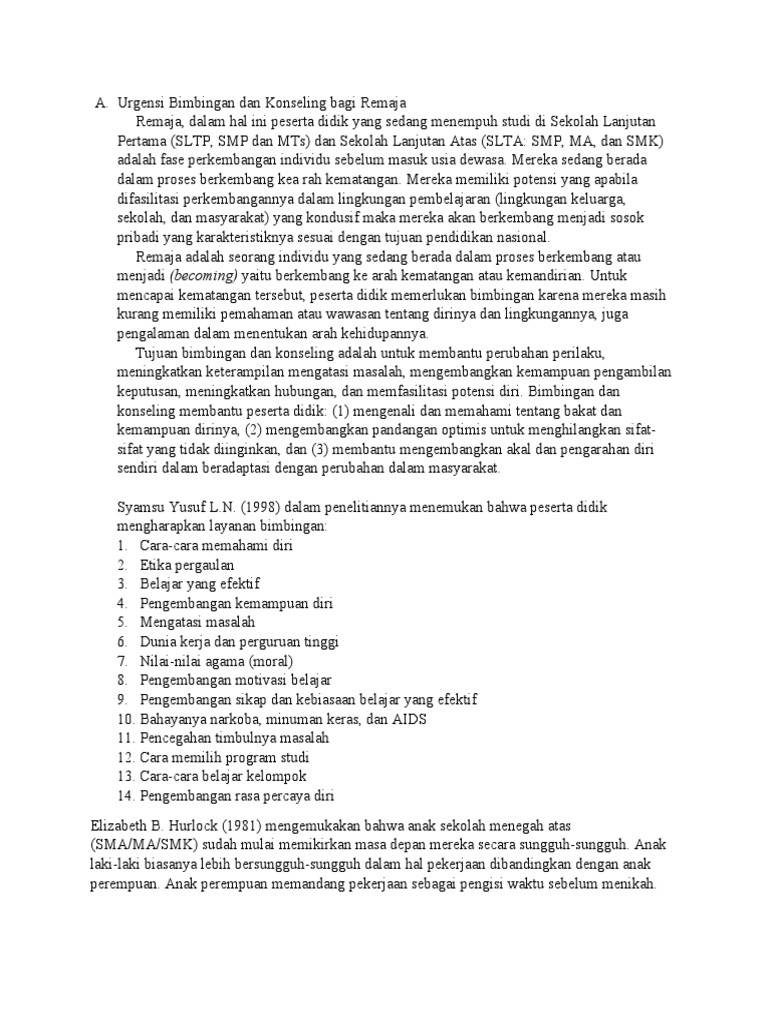 Urgensi Bimbingan Dan Konseling Bagi Remaja | PDF
