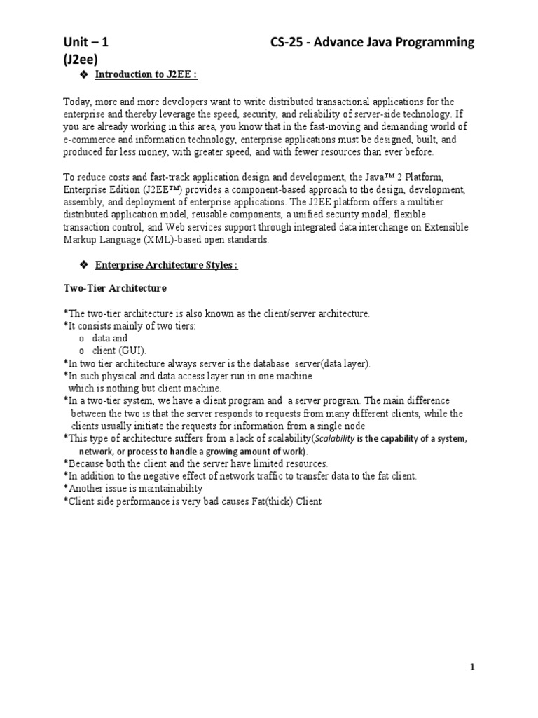 Unit - 1 CS-25 - Advance Java Programming (J2ee) : Two-Tier Architecture | PDF | Java ...