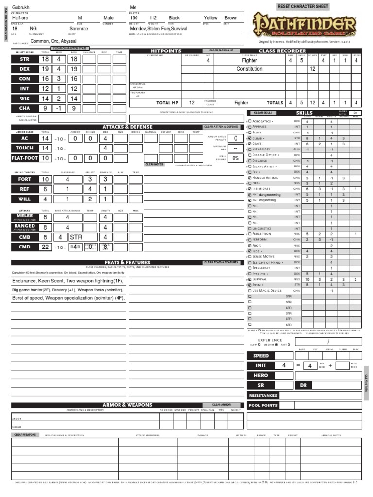PF Char Sheet-Fillable 6 Orc Pgs | PDF | D20 System | Role Playing Games