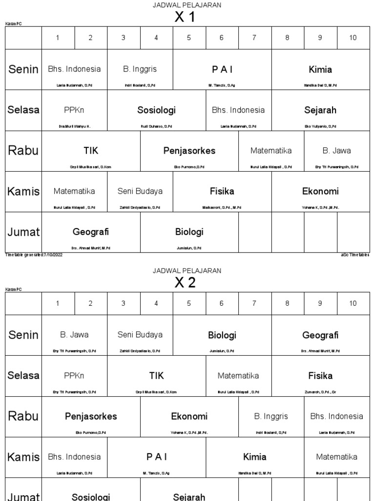 Jadwal Pelajaran Kelas X dan XI | PDF
