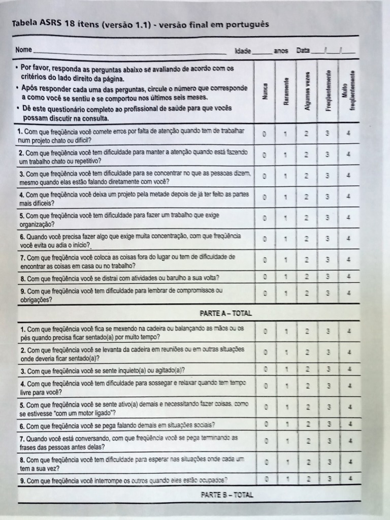 Tabela ASRS 18 Itens | PDF