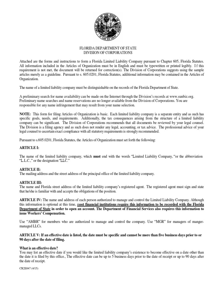 Florida LLC Formation Form | PDF | Limited Liability Company ...