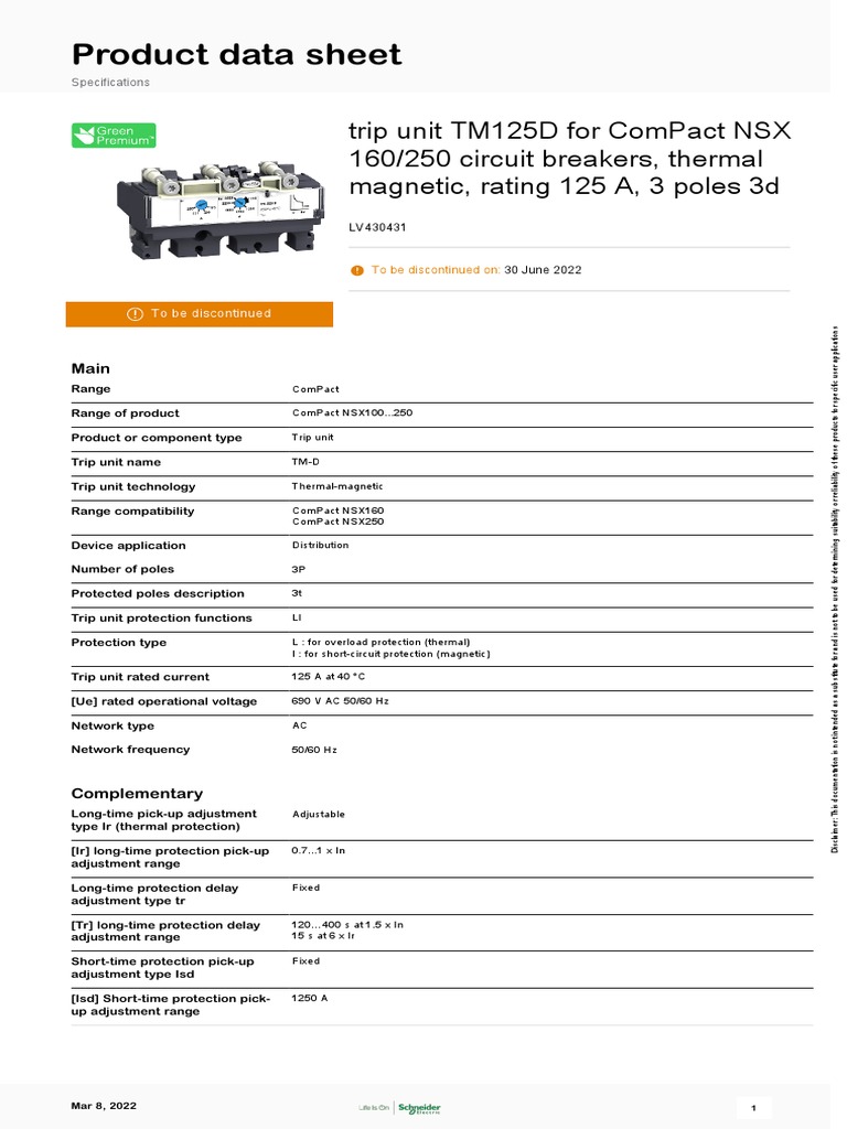 Product Data Sheet: Trip Unit Tm125D For Compact NSX 160/250 Circuit ...