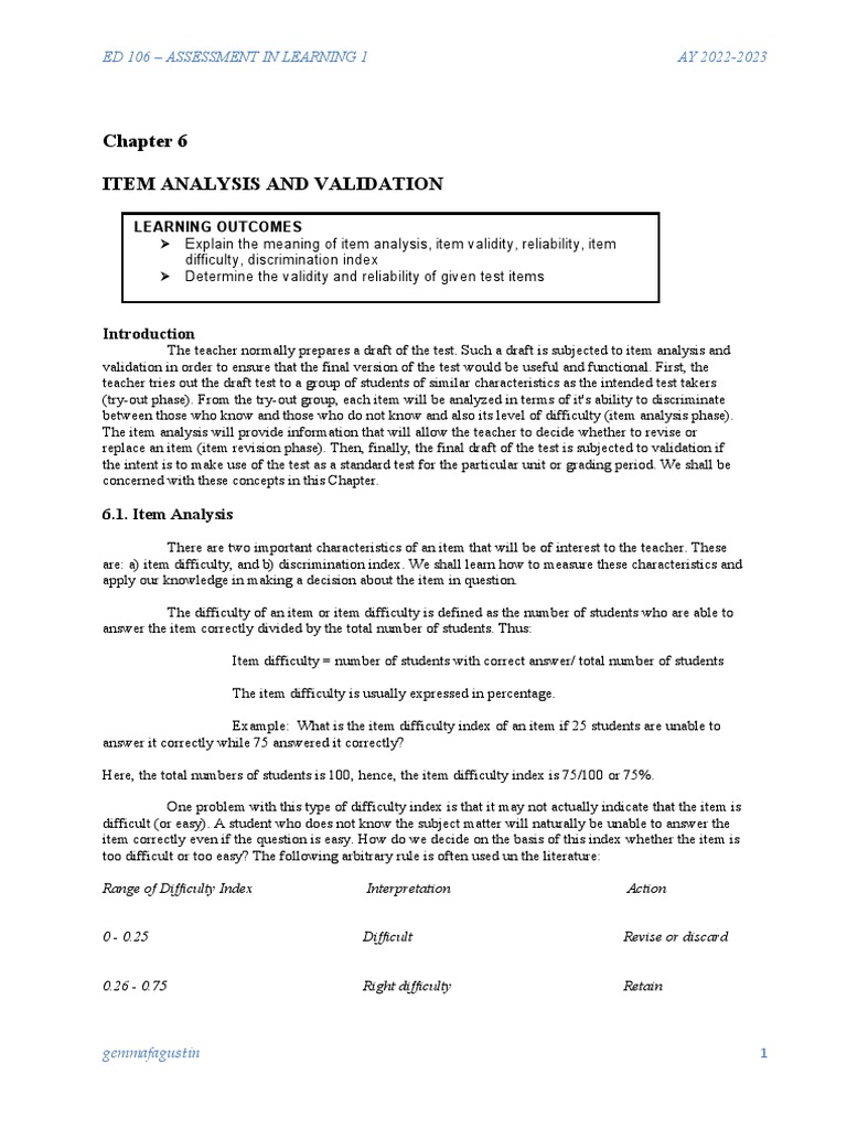 Item Analysis and Validation: Ed 106 - Assessment in Learning 1 AY 2022 ...