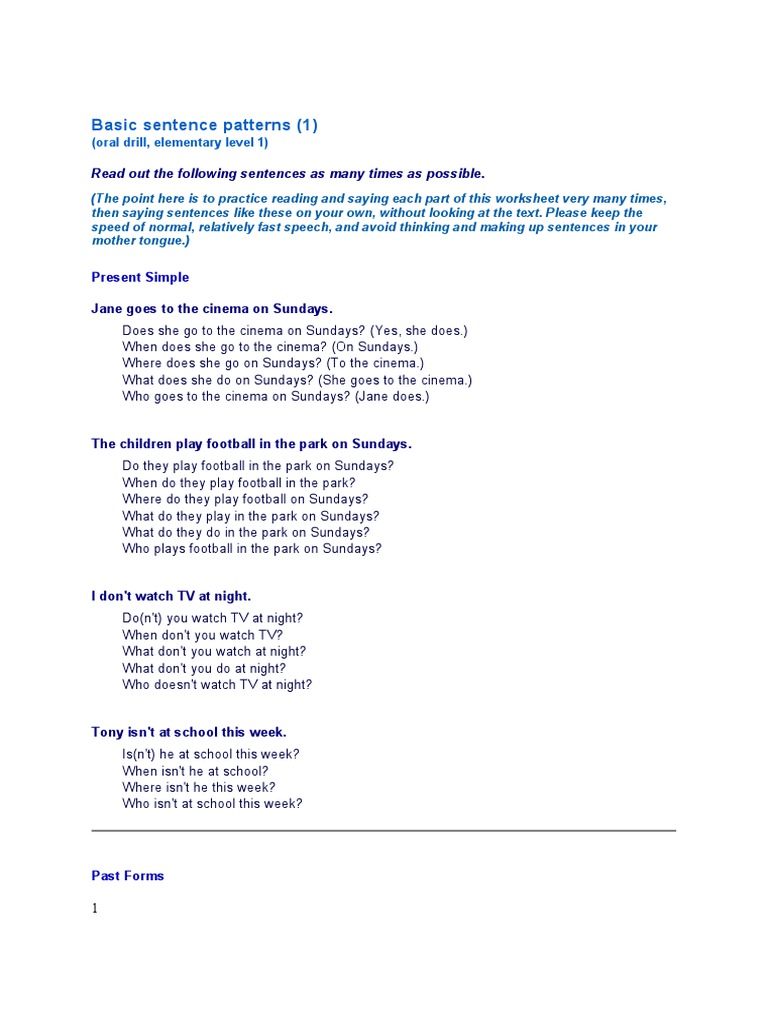 Basic Sentence Patterns for ESL Practice | PDF | Lunch | Coffeehouse