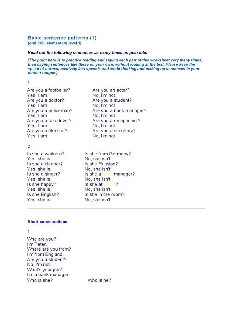 Basic Sentence Patterns - Worksheet | PDF | Lunch