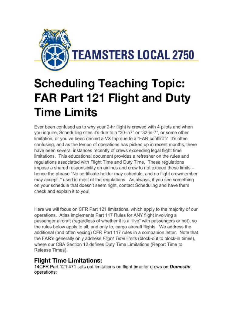 FAR Part 121 Flight Duty Limitations | PDF | Aeronautics | Transport