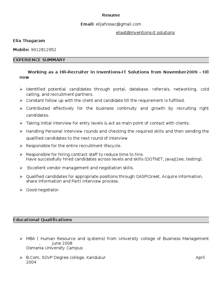 HR Recruiter Resume - Elia Thagaram | PDF | Recruitment | Human ...