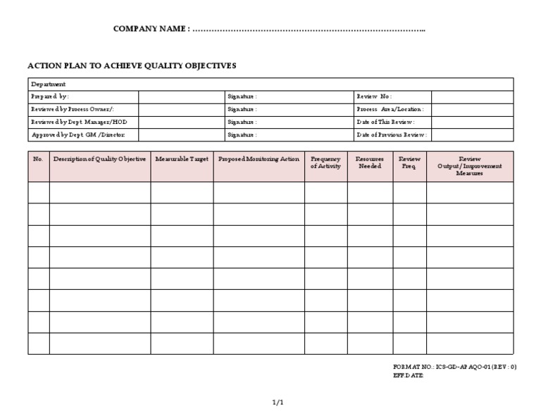 Quality Objectives Action Plan Template | PDF