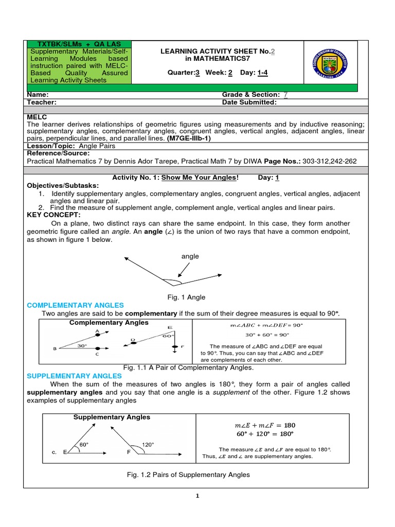 Math 7 Quarter 3 Week 2 | PDF | Angle | Mathematics