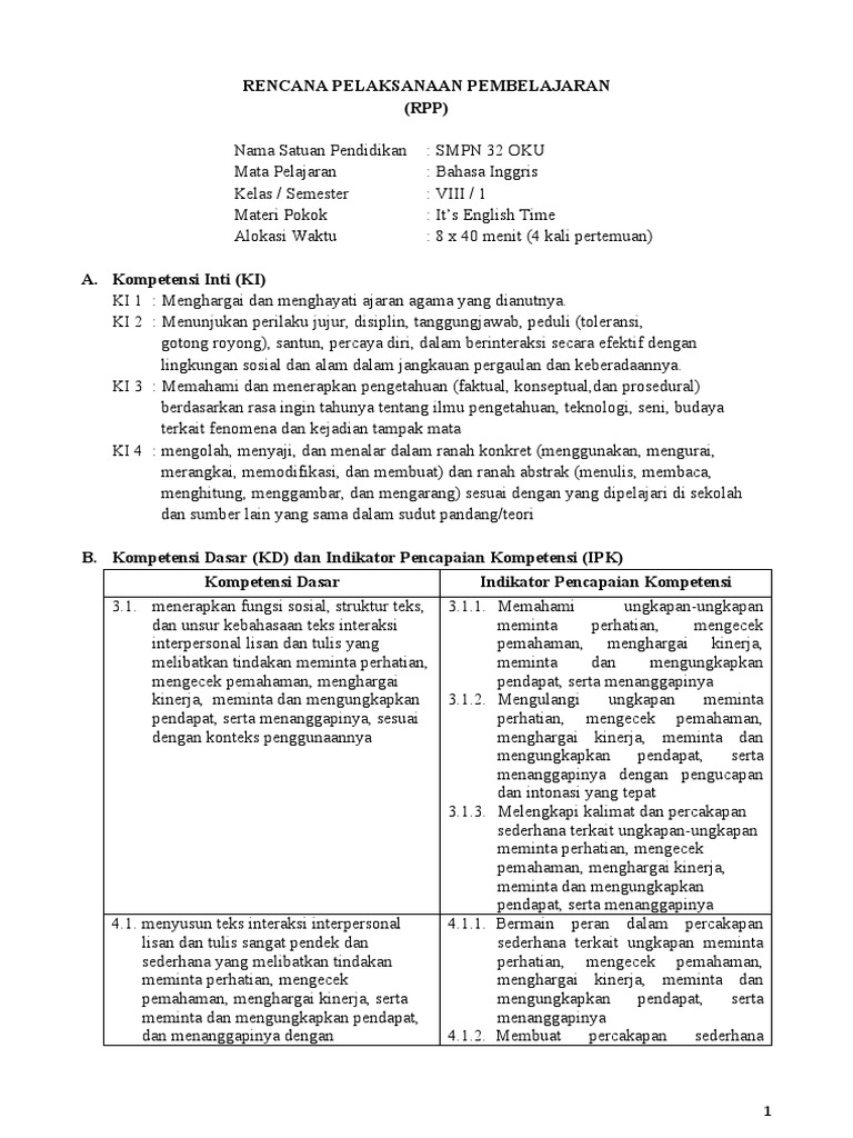 427646338-RPP-BAHASA-INGGRIS-Kelas-8-Chapter-1 Ku Dikit | PDF