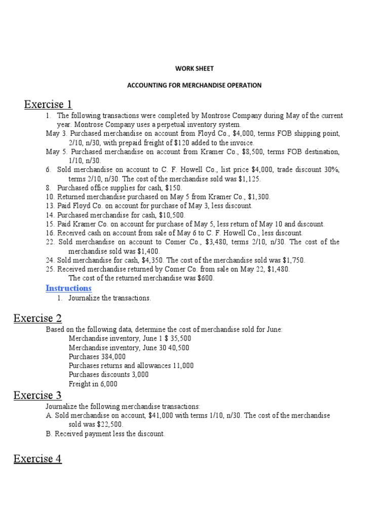 Worksheet On Accounting For Merchandising Operation | PDF | Expense ...