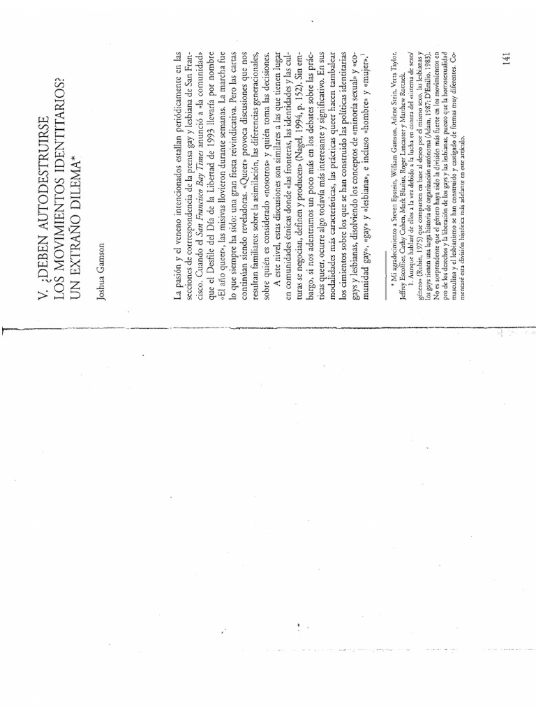 GAMSON, Joshua. Deben Autodestruirse Los Movimientos Identitarios | PDF