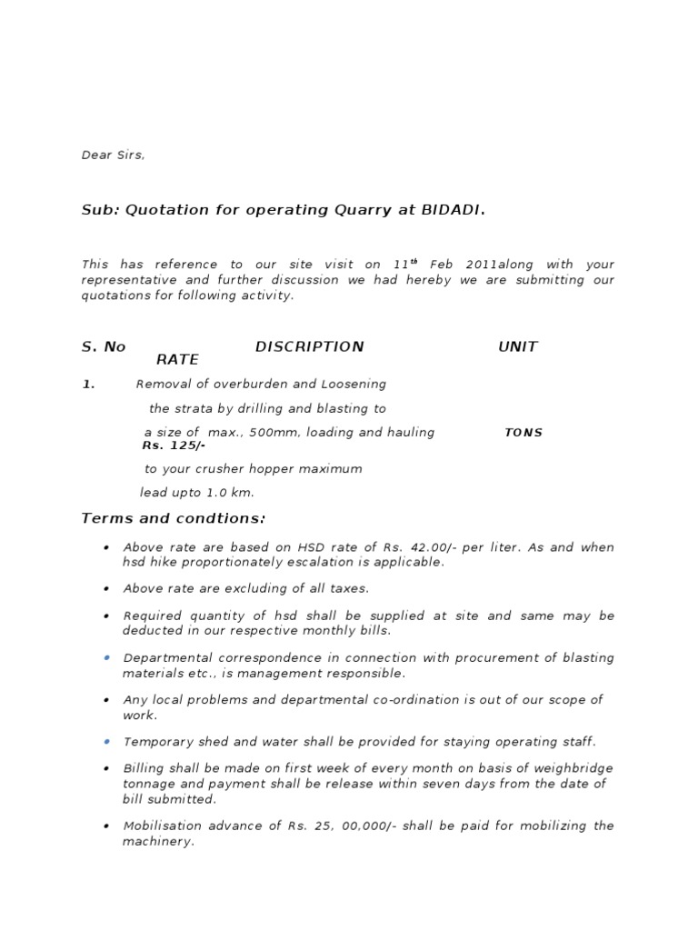 Quarry Operation Quotation for Bidadi | PDF