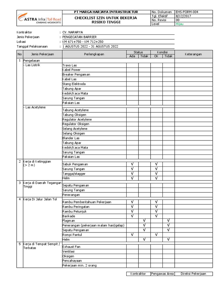 EHS-FORM-004 Checklist Izin Kerja Risiko Tinggi (AIS) | PDF