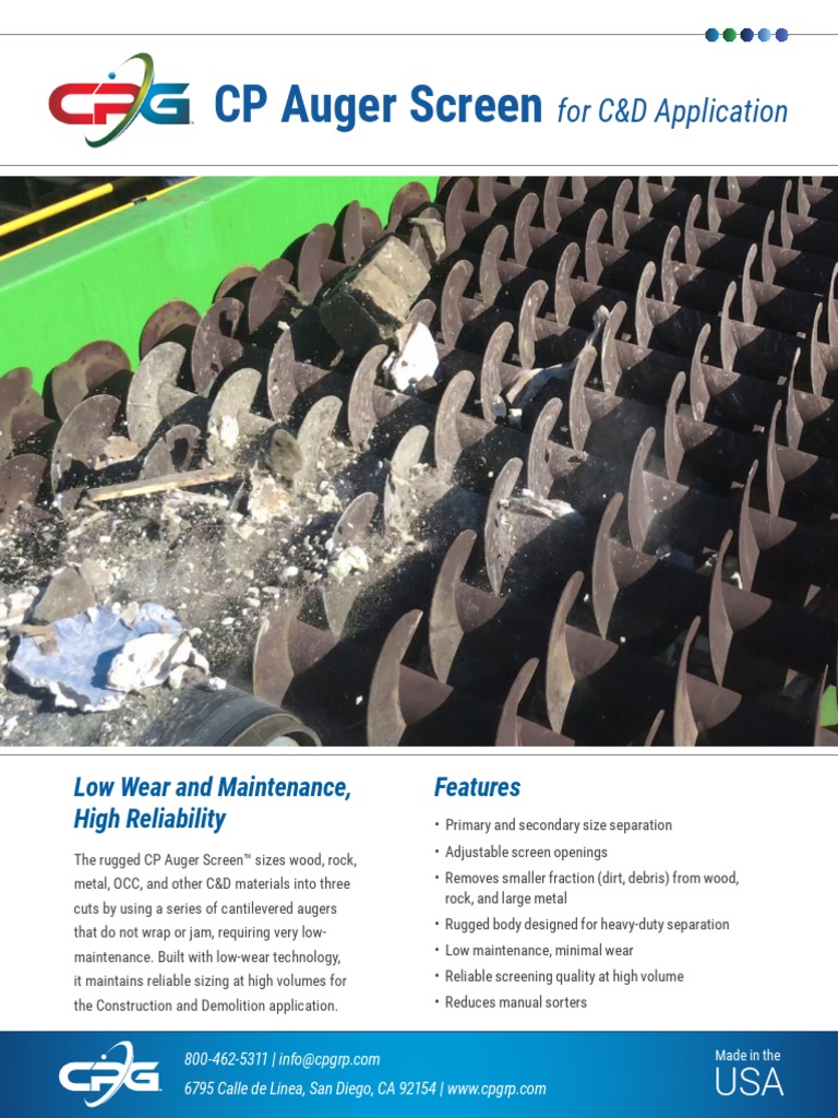 CP Auger Screen: For C&D Application | PDF | Materials | Secondary ...