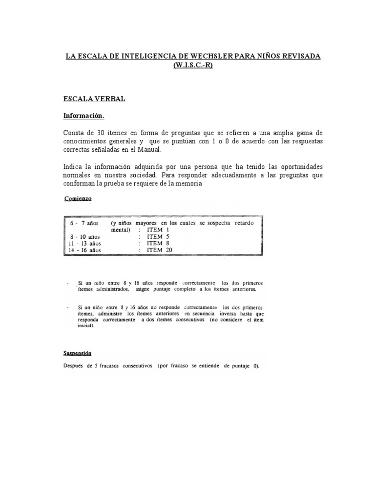 LA ESCALA DE INTELIGENCIA DE WECHSLER PARA NIÑOS REVISADA | Hemisferio cerebral | Cociente de ...