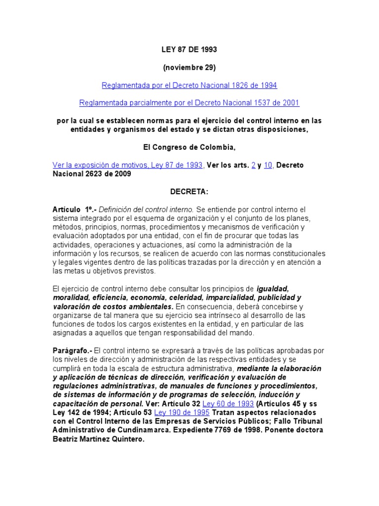 Ley 87 de 1993 y Sus Decretos Reglament | PDF | Planificación | Contralor
