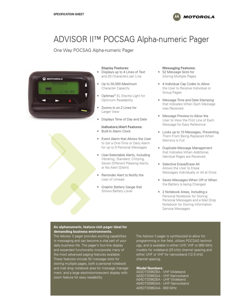 ADVISOR II™ POCSAG Alpha-Numeric Pager | PDF | Communication ...