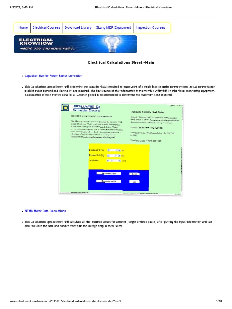 Electrical Calculations Sheet - Main - Electrical Knowhow | PDF ...