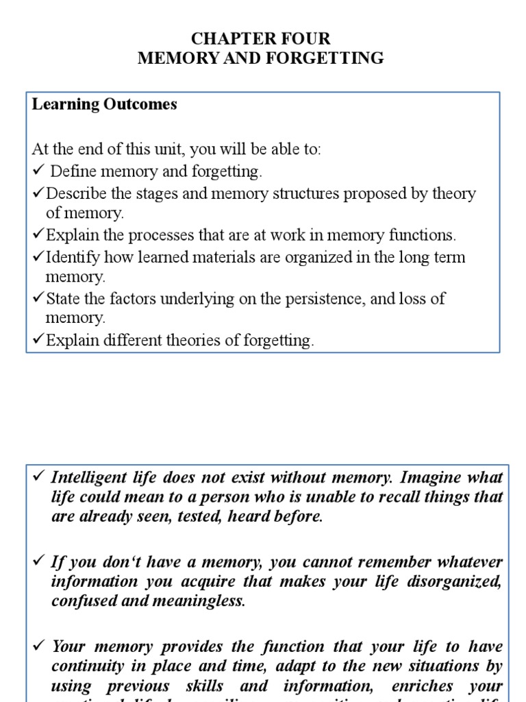 Chapter Four Memory and Forgetting: Learning Outcomes | PDF | Memory ...