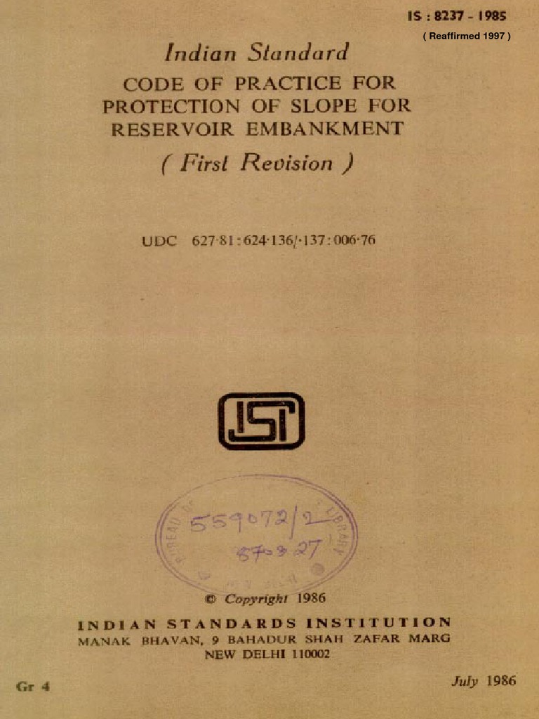 IS 8237 1985 Code of Practice-Slope Protection of Reservoir Embankment | PDF | Concrete | Drainage