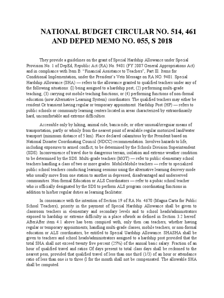 National Budget Circular No. 514, 461 and Deped Memo No. 055, S 2018 ...