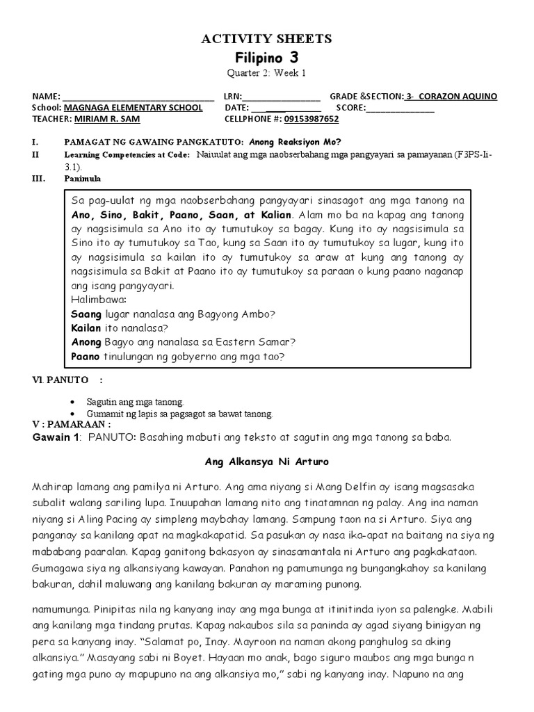Activity Sheets Week 1 Quarter 2 Filipino | PDF