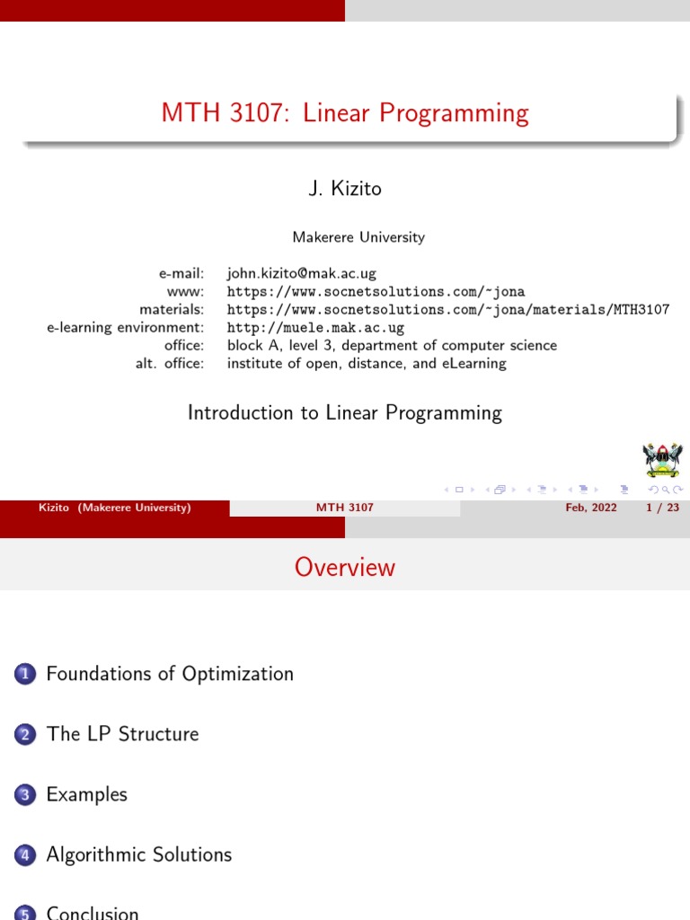 MTH 3107: Linear Programming: J. Kizito | PDF | Mathematical ...