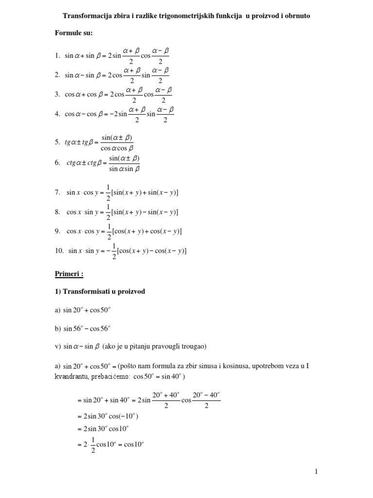Transformacija Zbira I Razlike Trigonometrijskih Funkcija U Proizvod I ...