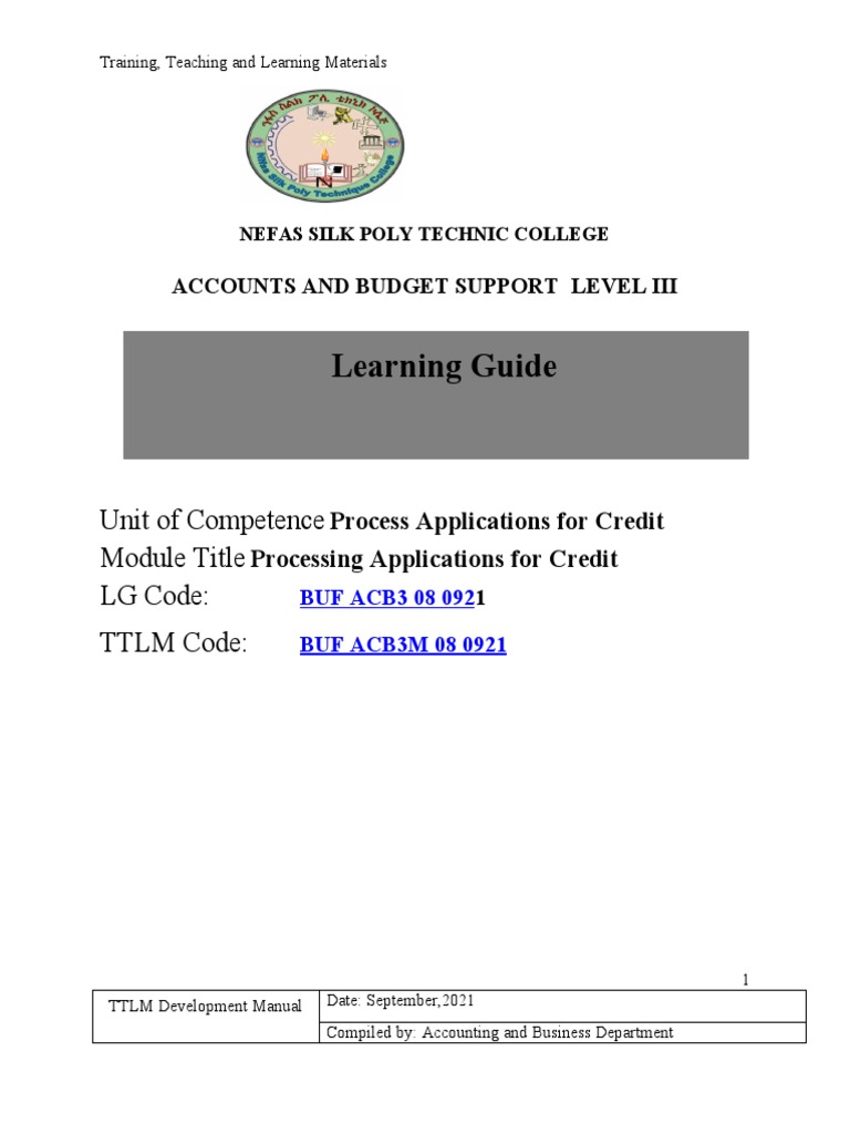 Learning Guide: Unit of Competence Module Title LG Code: TTLM Code ...