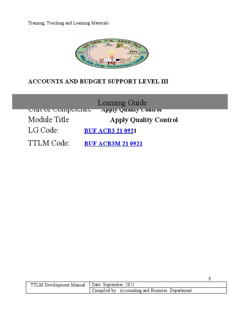 Unit of Competence Module Title LG Code: TTLM Code: Learning Guide | PDF | Quality Assurance ...
