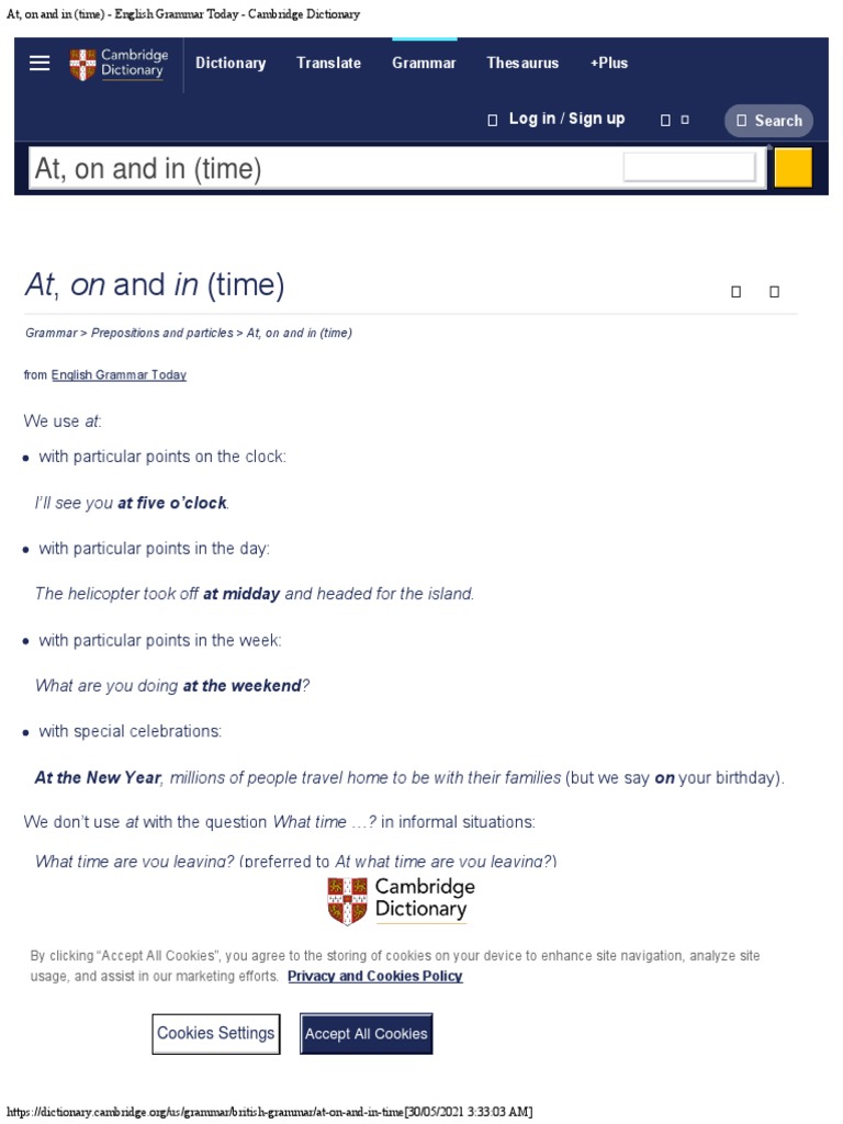 At, On and in (Time) - English Grammar Today - Cambridge Dictionary ...