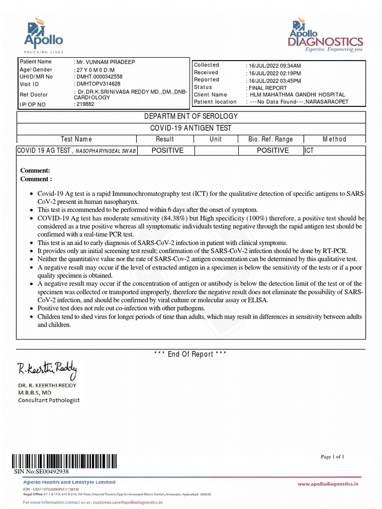 Mr. VUNNAM PRADEEP's COVID-19 Antigen Test Report Indicating a Positive ...