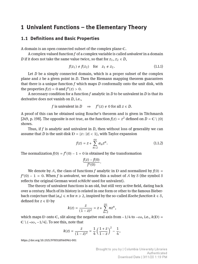 1 Univalent Functions The Elementary Theory 2018 | PDF | Complex Analysis | Complex Number